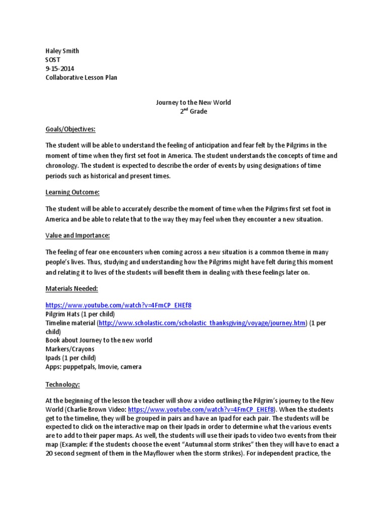 2nd Grade Journey To The New World Pilgrims Lesson Plan | PDF ...