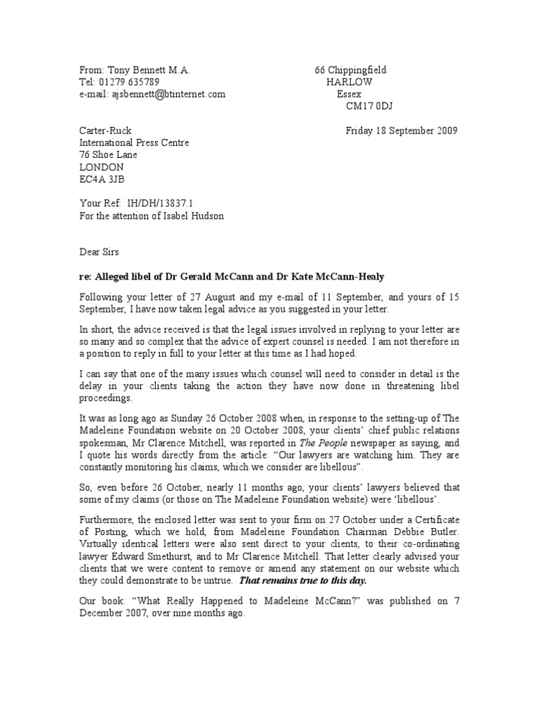 Bennett Letter To Carter Ruck - 18/9/09 | PDF | Government | Common Law