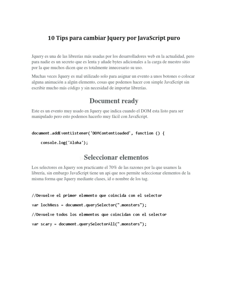 10 Tips para Cambiar Jquery Por JavaScript Puro PDF | PDF | J Query ...