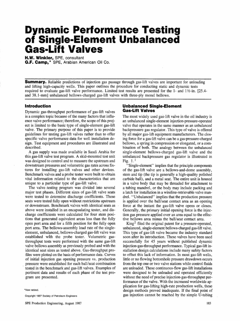 Dynamic Performance Testing of Single-Element Unbalanced Gas-Lift ...