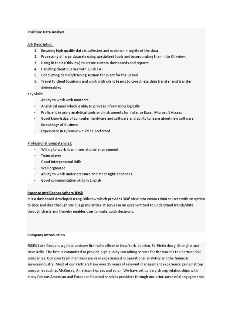 Qlikview, Data Analyst JD | PDF | Analytics | Data Analysis
