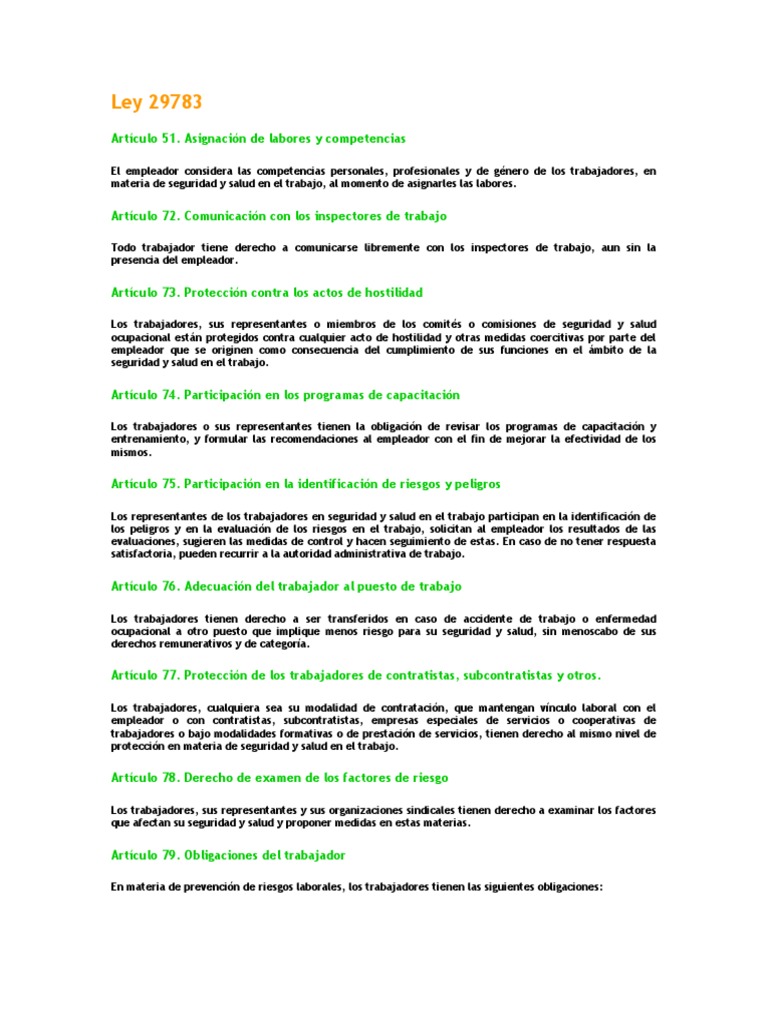 Ley 29783 Derechos y Deberes Del Trabajador | PDF | Derecho laboral | La seguridad