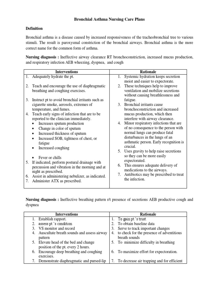 Nursing Care Plans for Bronchial Asthma | PDF | Asthma | Respiratory Tract