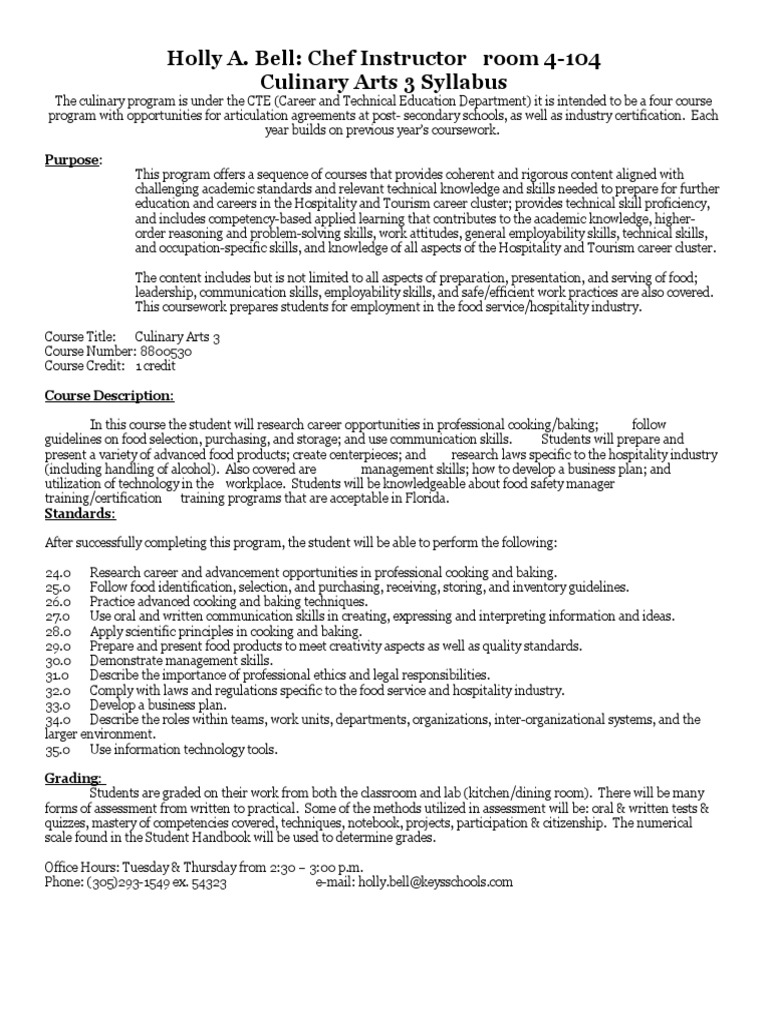 Culinary Arts 3: Advanced Cooking and Baking Syllabus | PDF ...