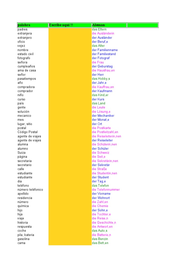 Vocabulario Aleman