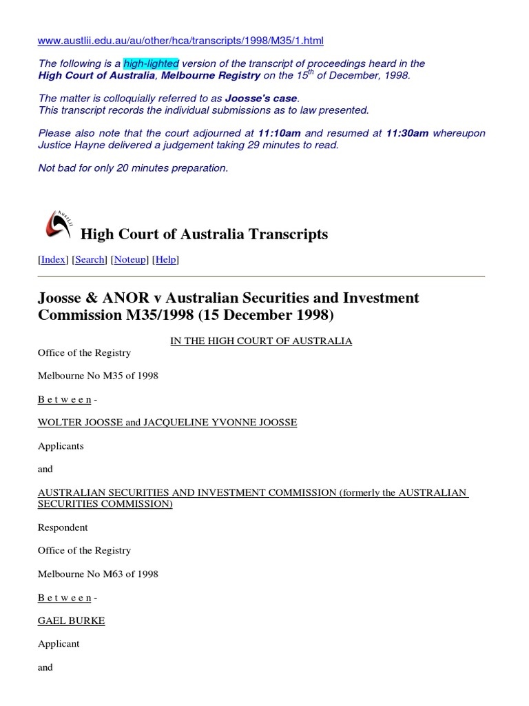 Joosse High Court of Australia Transcript and Judgement ATO Not Lawful ...