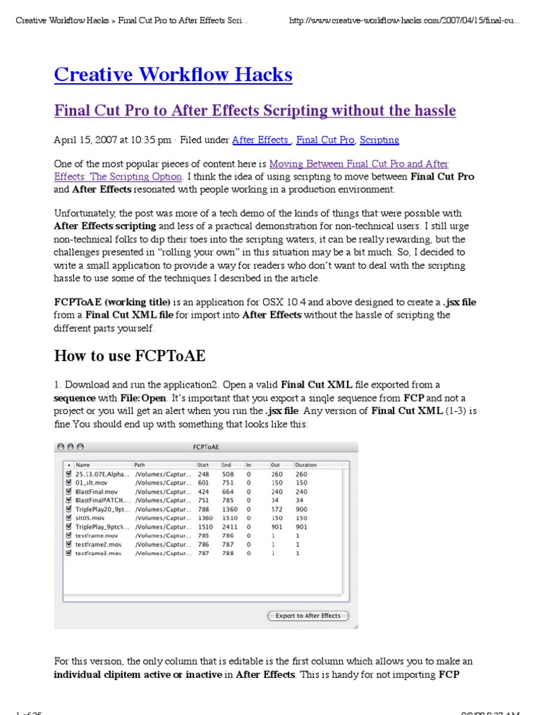 Creative Workflow Hacks Final Cut Pro To After Effects Scripting Without The Hassle Pdf