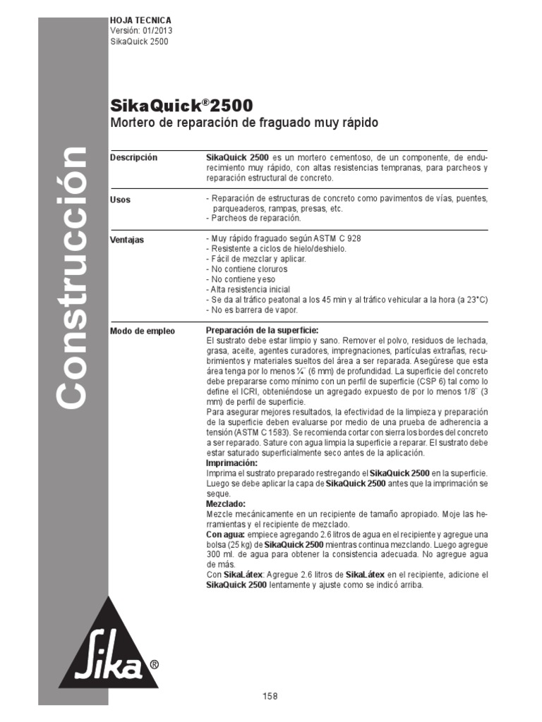 Mortero SikaQuick 2500: Ficha Técnica | PDF | Tecnología