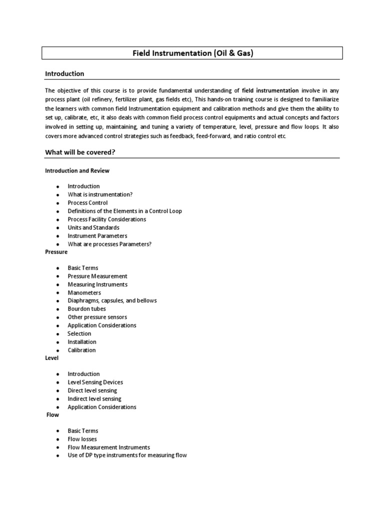 Field Instrumentation Training | PDF | Instrumentation | Pressure ...