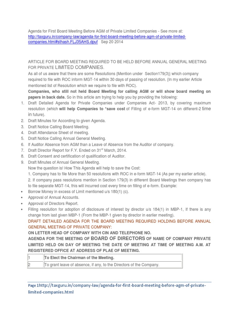 Agenda For First Board Meeting Before AGM of Private Limited Companies ...