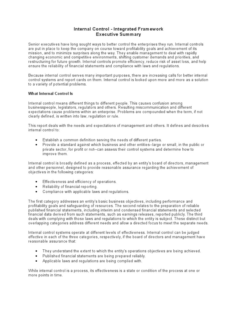 Internal Control - Integrated Framework Executive Summary | PDF | Internal Audit | Audit