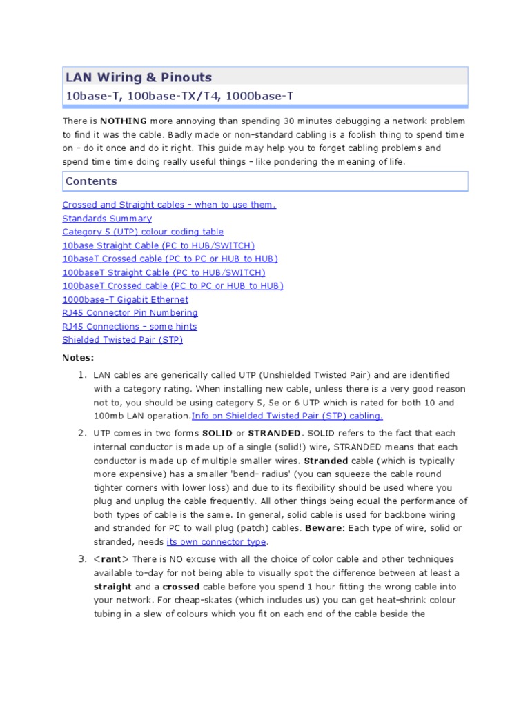 LAN Wiring & Pinouts: 10base-T, 100base-TX/T4, 1000base-T | PDF ...