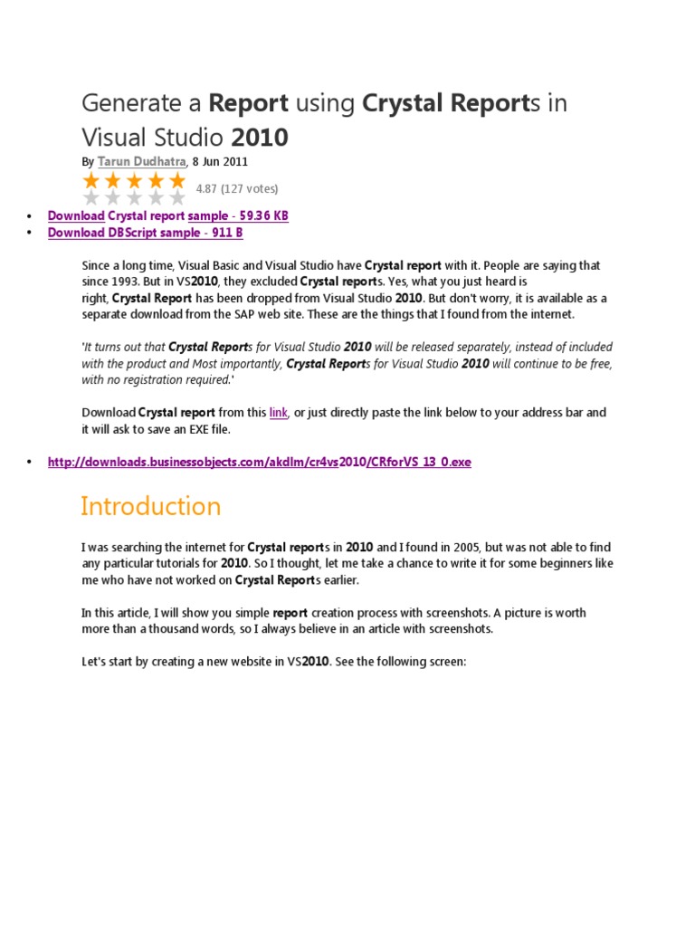 Generate A Report Using Crystal Reports in Visual Studio 2010 | PDF ...