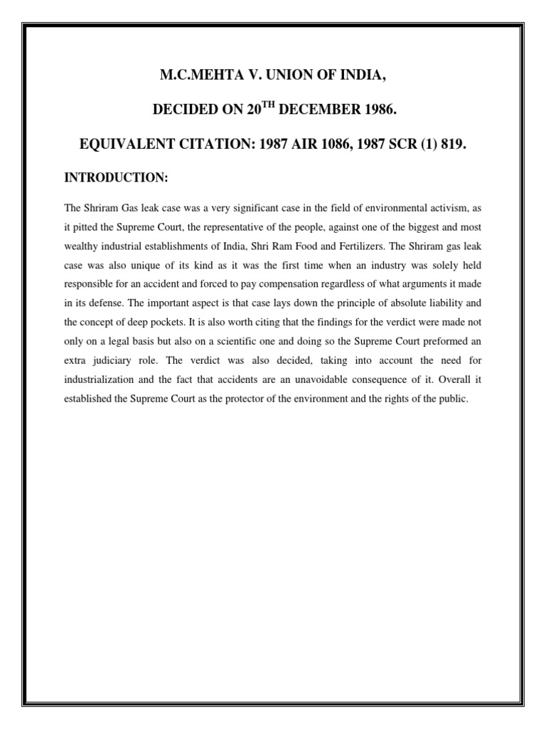 M.C. Mehta v. Union of India: A Landmark Environmental Law Case ...