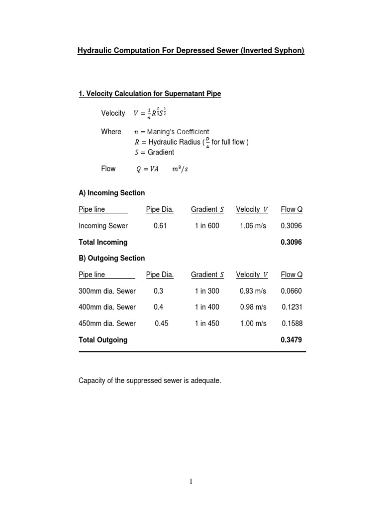 Hydraulic Design of Inverted Siphon Sewer | PDF