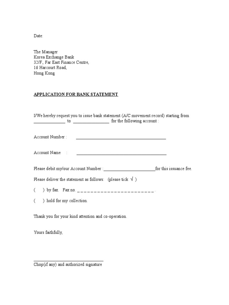 Application For Bank Statement | PDF | Finance & Money Management