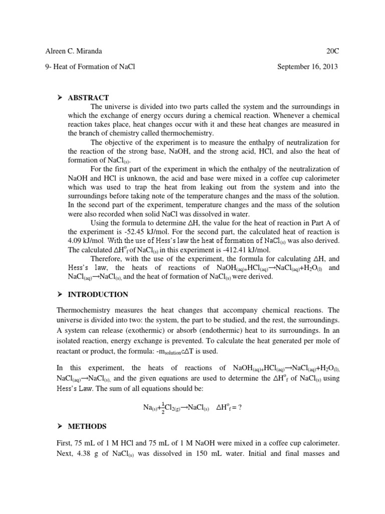 POSTLAB 9 - Heat of Formation of NaCl | PDF | Enthalpy | Heat