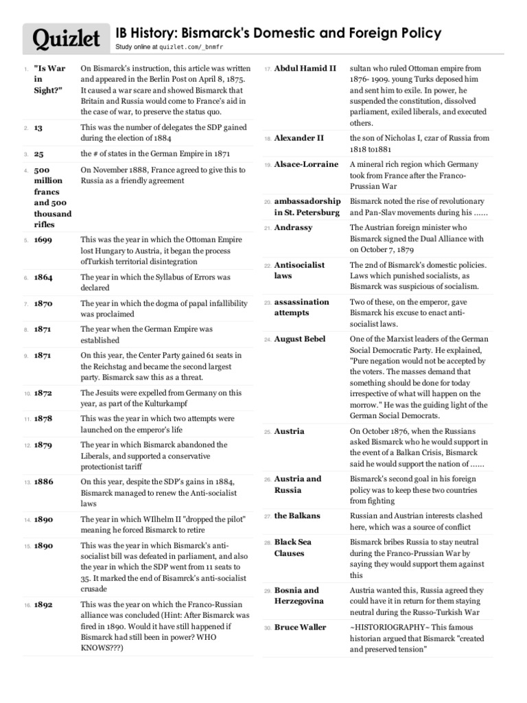 IB History Bismarck's Foreign Policy Flash Cards | PDF | Otto Von ...