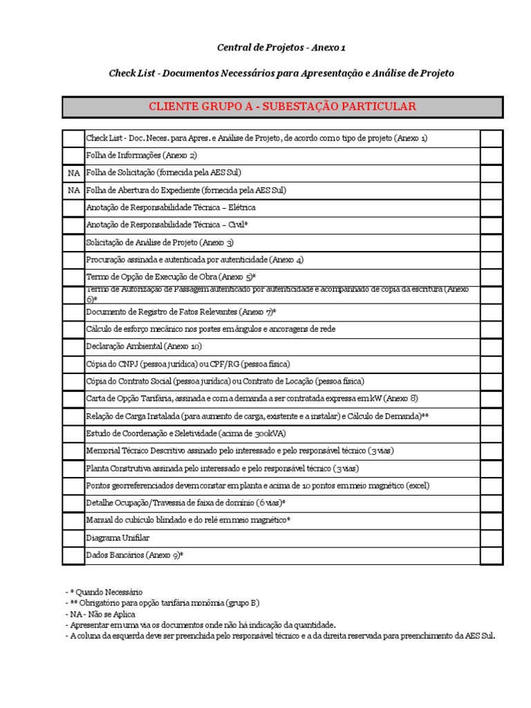 Anexo 1 - Check List Subestação Particular | PDF
