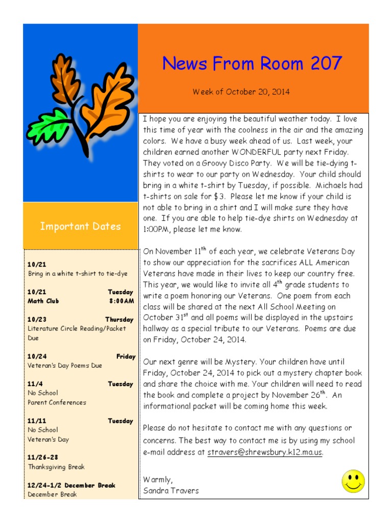 News From Room 207: Important Dates | PDF | Leisure