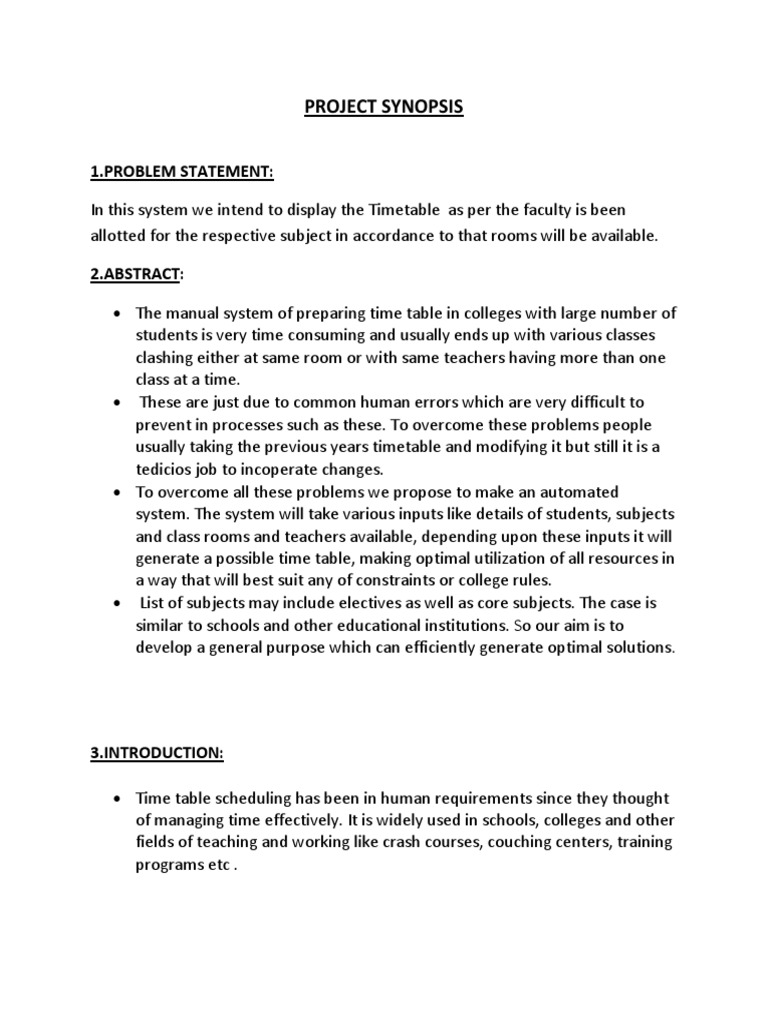 Project Synopsis For Automatic Timetable Generator | PDF | Scheduling (Production Processes ...