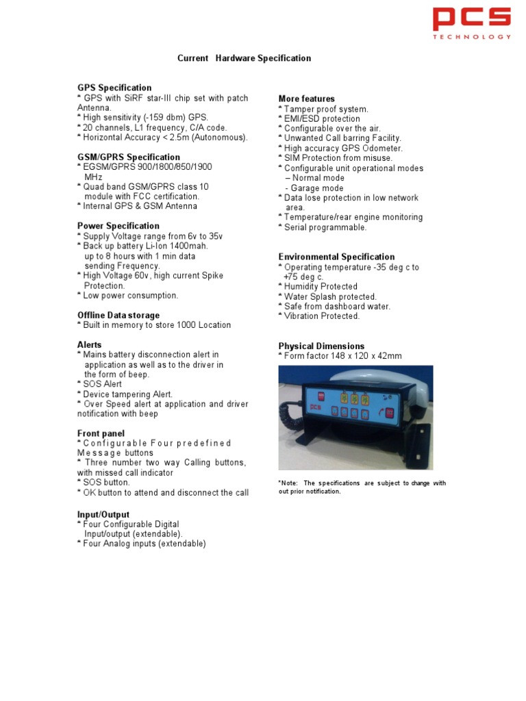 GPS GSM Device Specifications Overview | PDF