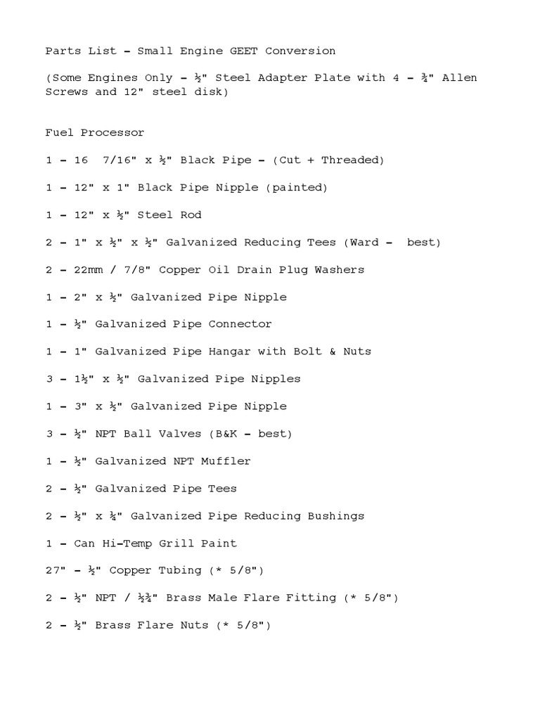 Small Engine GEET Conversion Parts List | PDF