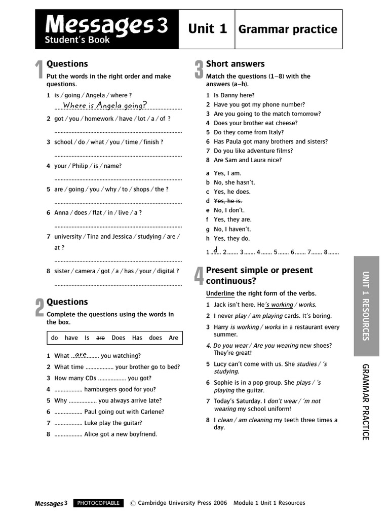 Messages Level3 Pre Intermediate Unit1 Grammar Worksheets | PDF