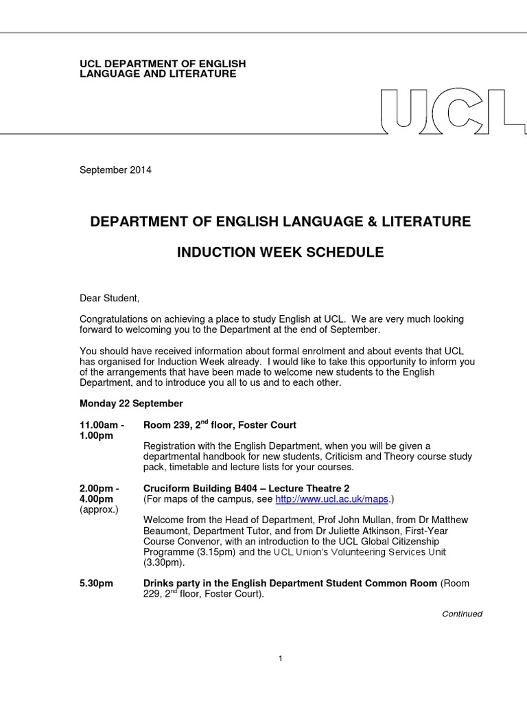 Department of English Language & Literature Induction Week Schedule ...