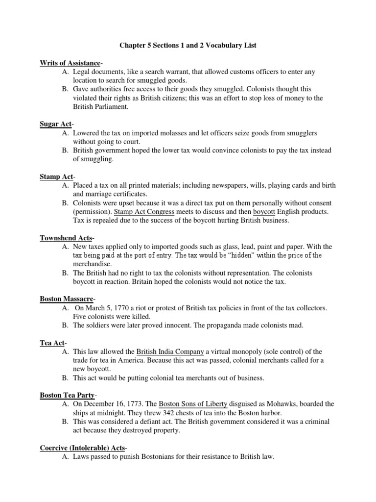 Chapter 5 Sections 1 and 2 Vocabulary | PDF | Colonial United States ...