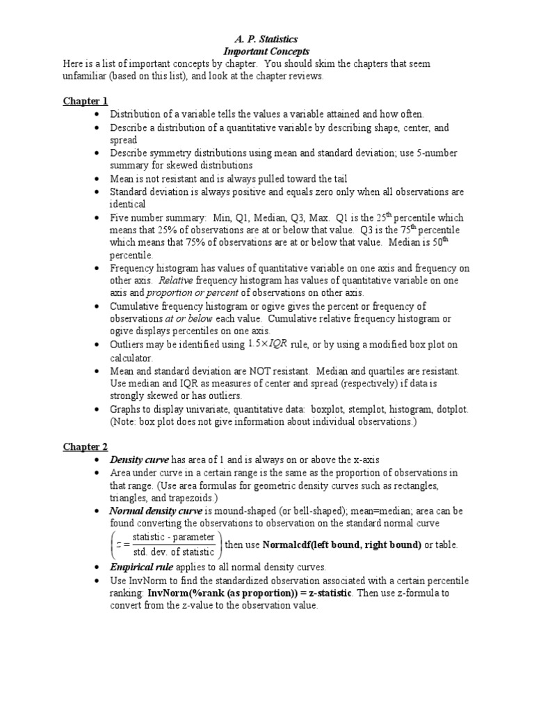 Key A.P. Statistics Concepts by Chapter | PDF | Correlation And ...
