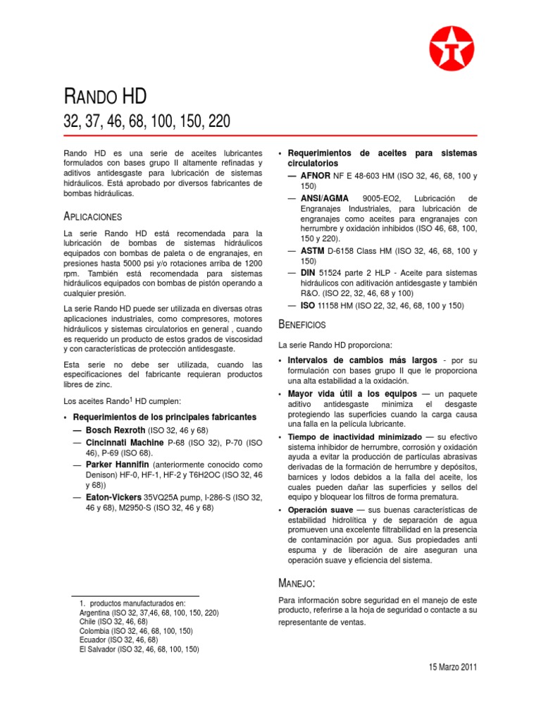 Aceites Neumáticos Rando HD ISO 32-68 | PDF | Lubricante | Engranaje