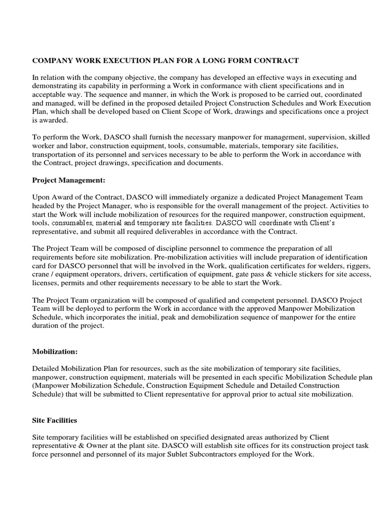 Company Work Execution Plan For A Long Form Contract | PDF | Safety ...