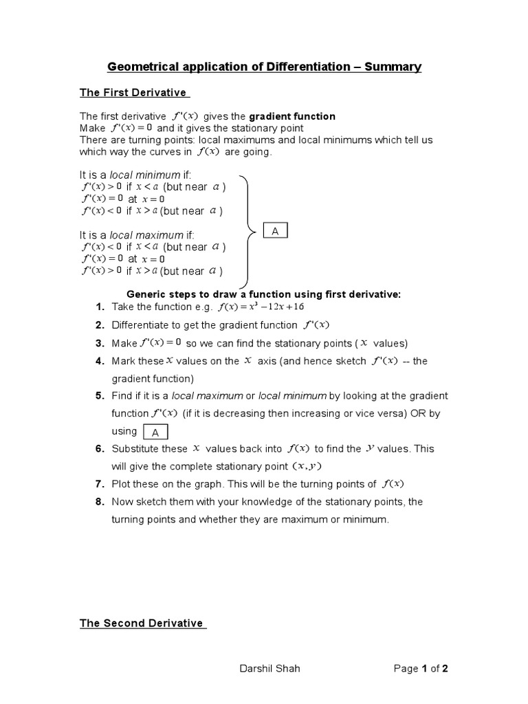 Geometrical Application of Differentiation Summary | PDF