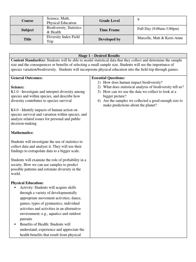 Field Trip Lesson Plan | PDF | Biodiversity | Statistics