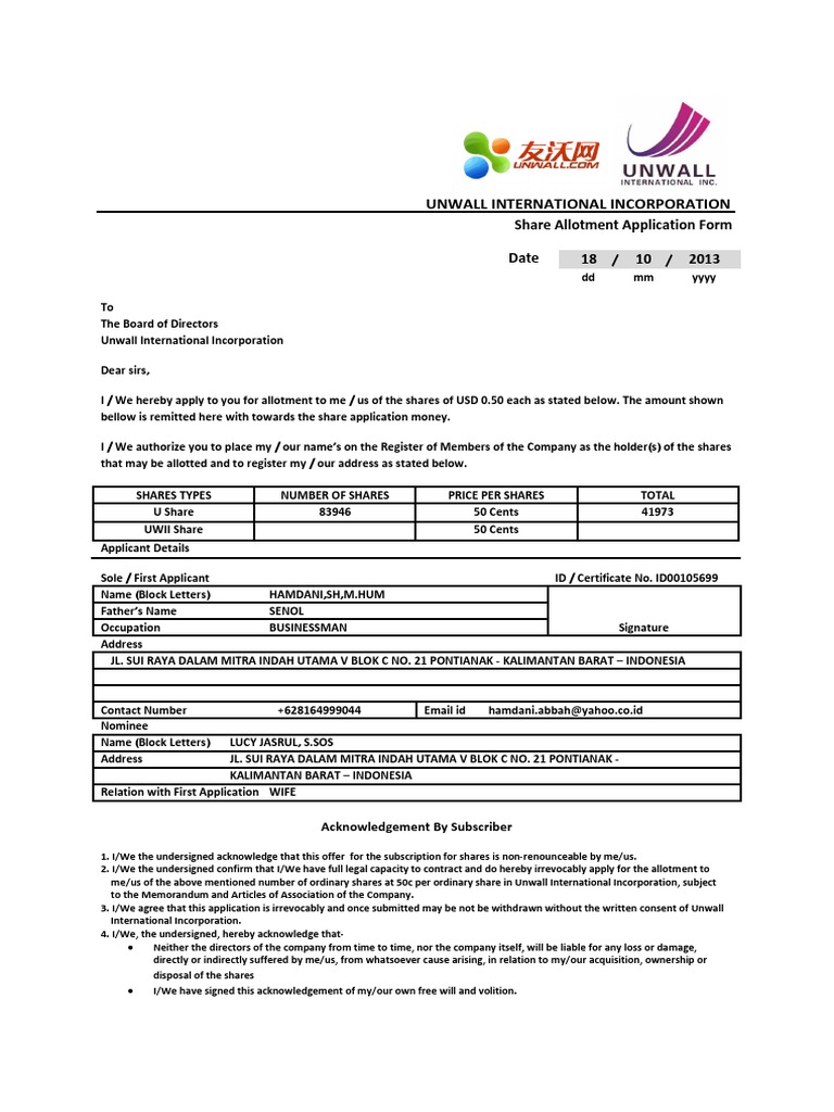 Share Allotment Application Form Date 18 10 2013: Unwall International ...