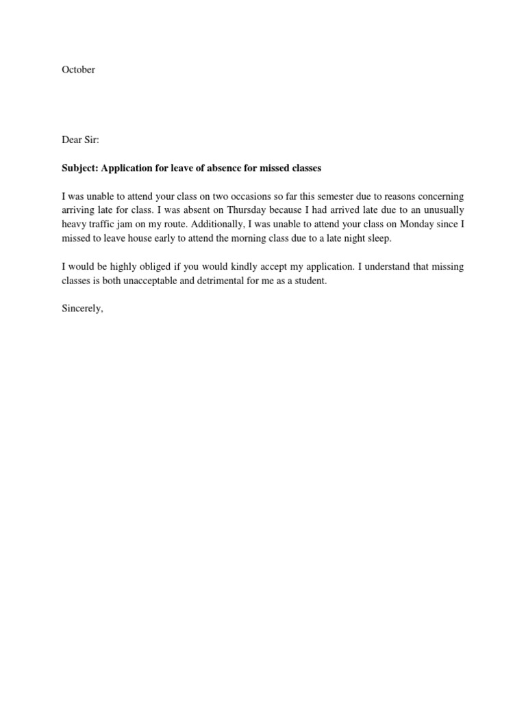 Subject: Application For Leave of Absence For Missed Classes | PDF