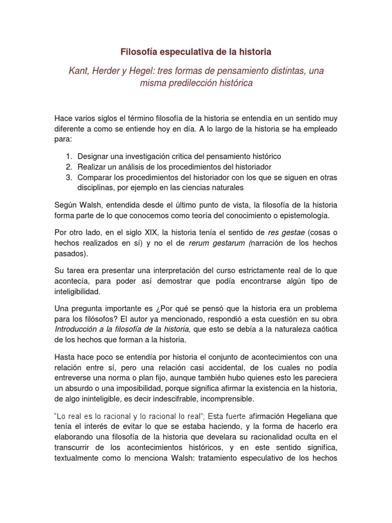 Filosofía especulativa de la historia.docx | Immanuel Kant | Georg Wilhelm Friedrich Hegel