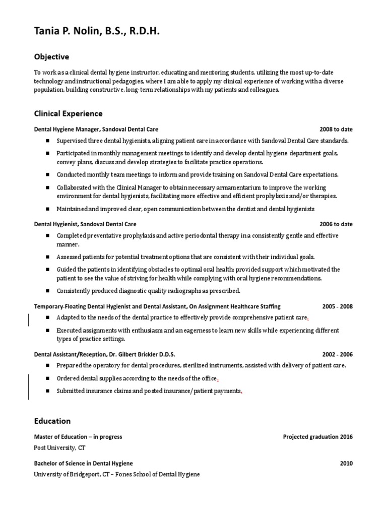 Resume - For PLE EDU505 | PDF | Dental Hygienist | Clinical Medicine