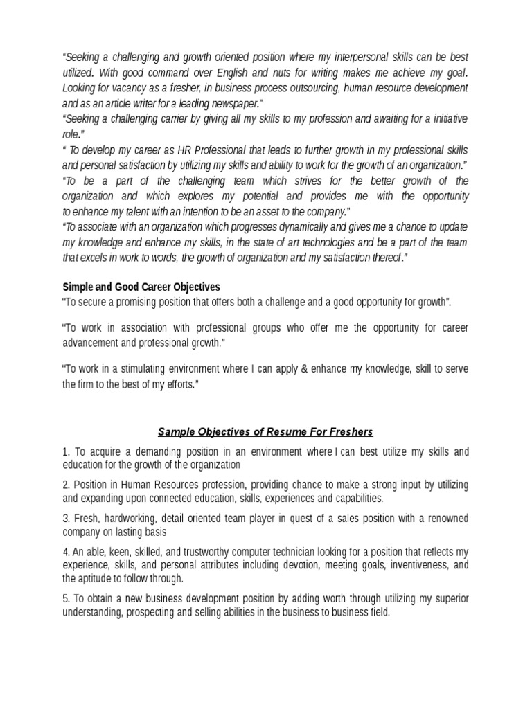 Simple and Good Career Objectives: Sample Objectives of Resume For ...