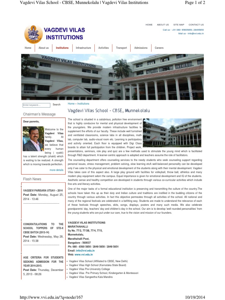 Vagdevi Vilas School - CBSE, Munnekolalu: Chairman's Message | PDF ...