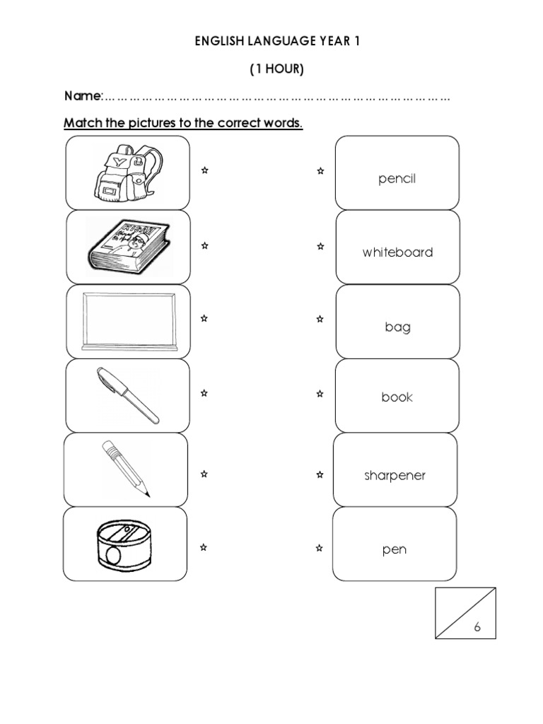 English Language Year 1 (1 HOUR) Name: Match The Pictures To The ...