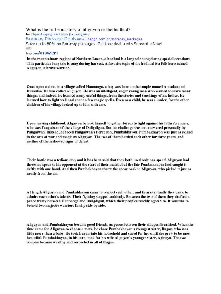 Full Epic Story of Aliguyon or The Hudhud | PDF