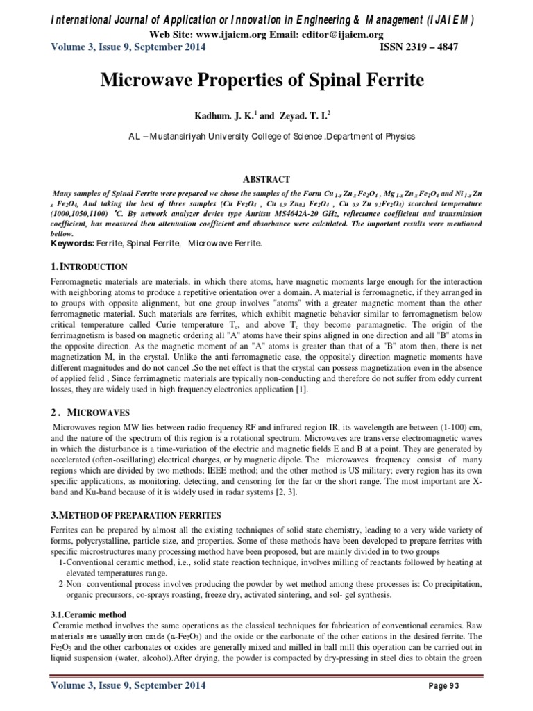 Microwave Properties of Spinal Ferrite | PDF | Ferromagnetism | Magnetism