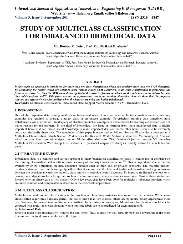 Study of Multiclass Classification For Imbalanced Biomedical Data | PDF | Support Vector Machine ...