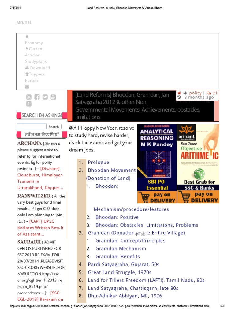 Land Reforms in India - Bhoodan Movement & Vinoba Bhave | Download Free ...