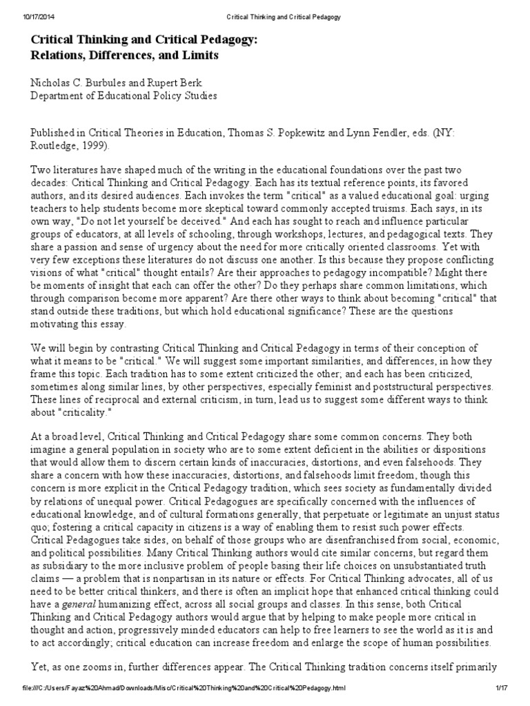Critical Thinking and Critical Pedagogy | Download Free PDF | Critical ...