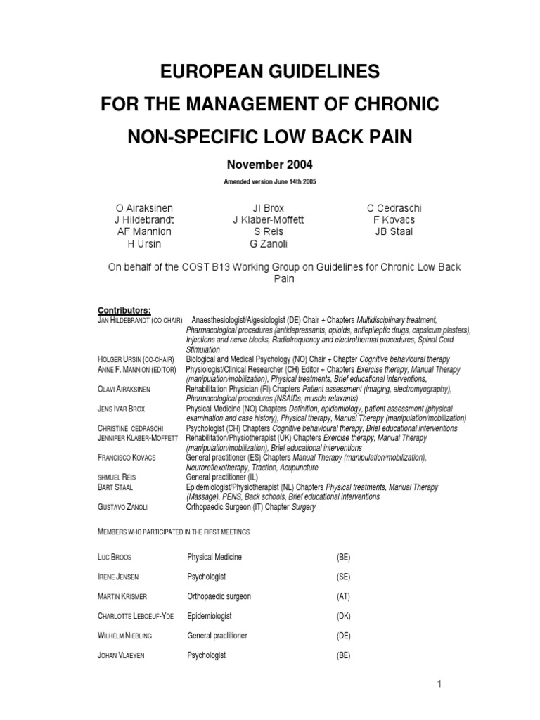 EUROPEAN GUIDELINES FOR THE MANAGEMENT OF CHRONIC NON-SPECIFIC LOW BACK ...