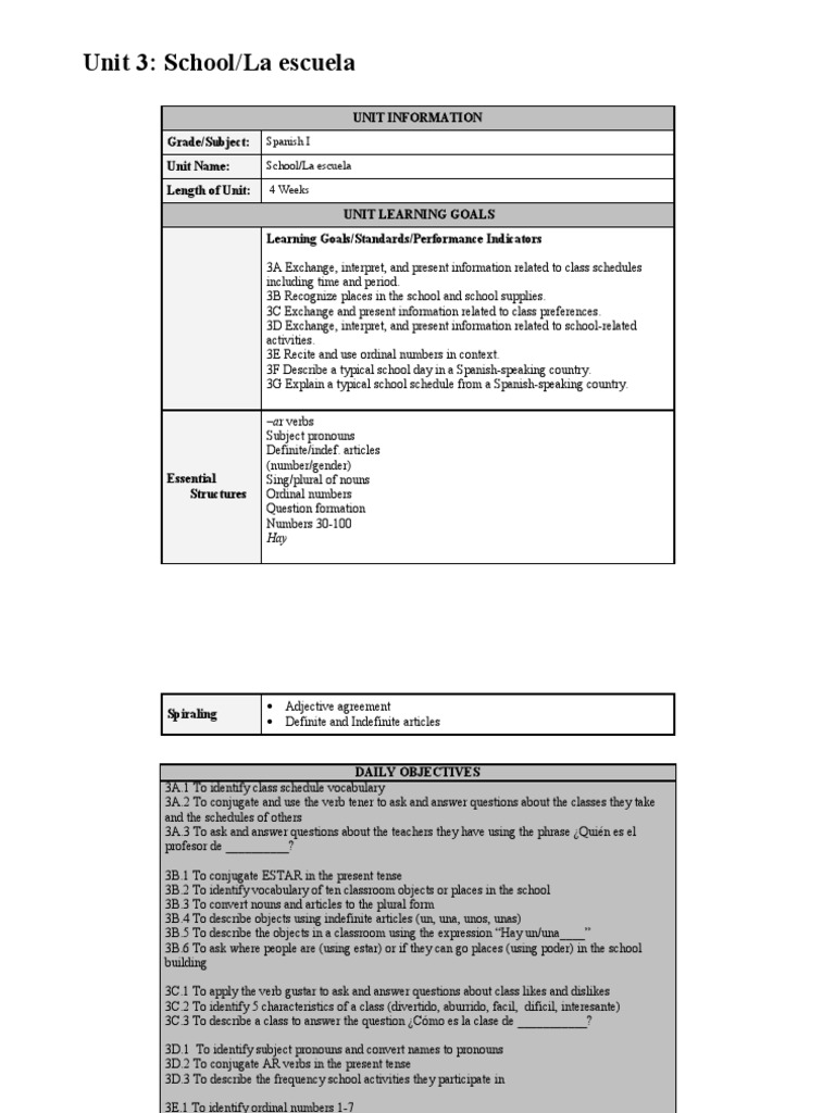 Spanish I: School Unit Overview | PDF | Grammatical Number ...