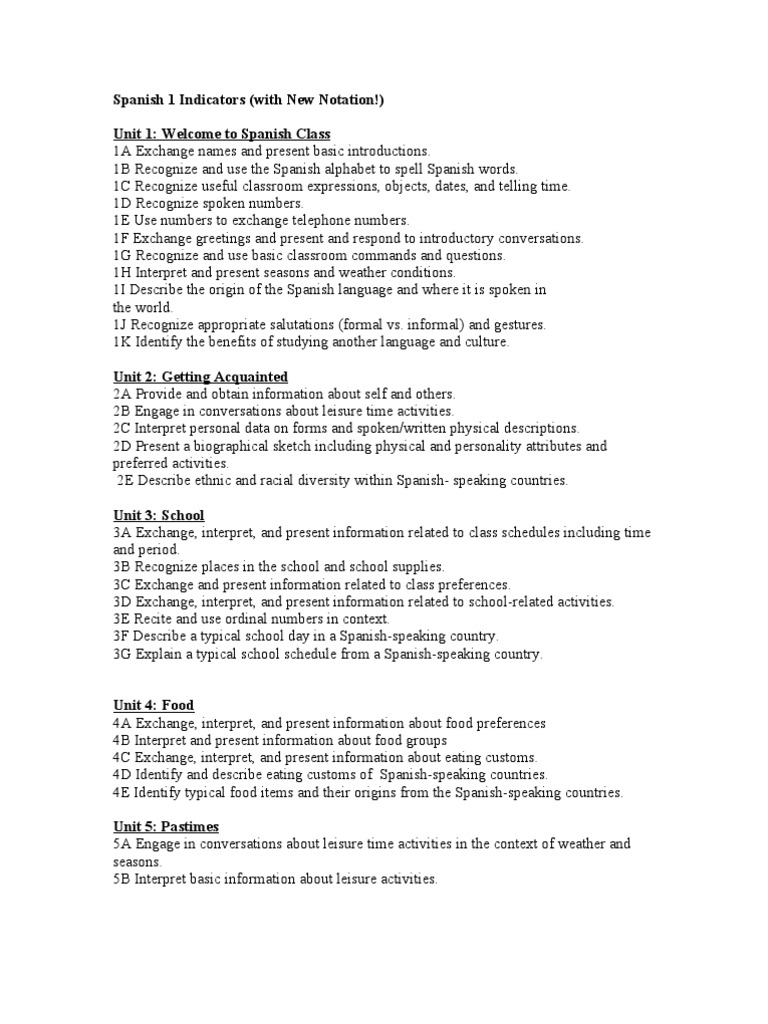 Spanish 1 MC Indicators - New Notation | PDF | Spanish Language ...